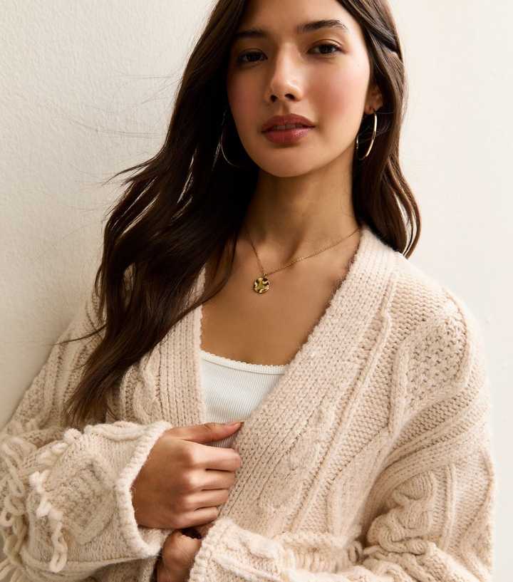 Cream Fringed Longline Cable Knit Cardigan | New Look