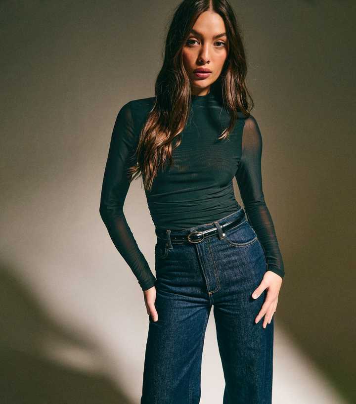 Black Jersey Mesh Ruched Side Bodysuit | New Look