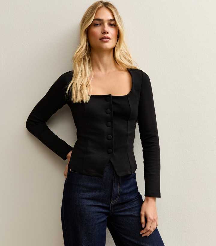 Black Jersey Buttoned Square Neck Top | New Look
