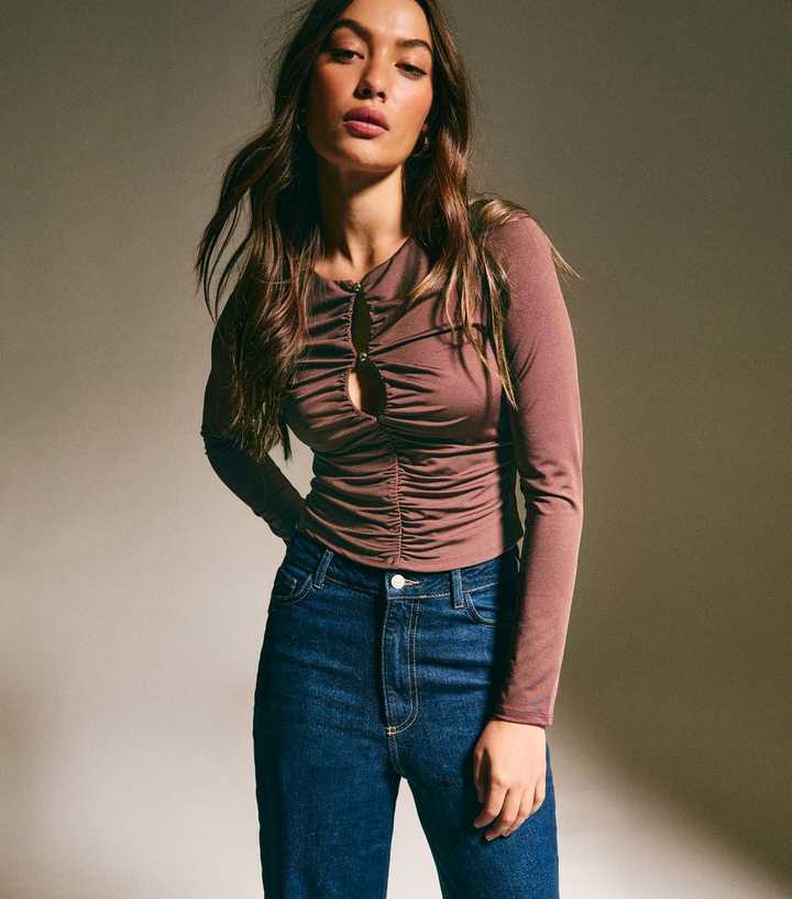 Dark Brown Ruched Cutout Long Sleeve Top | New Look