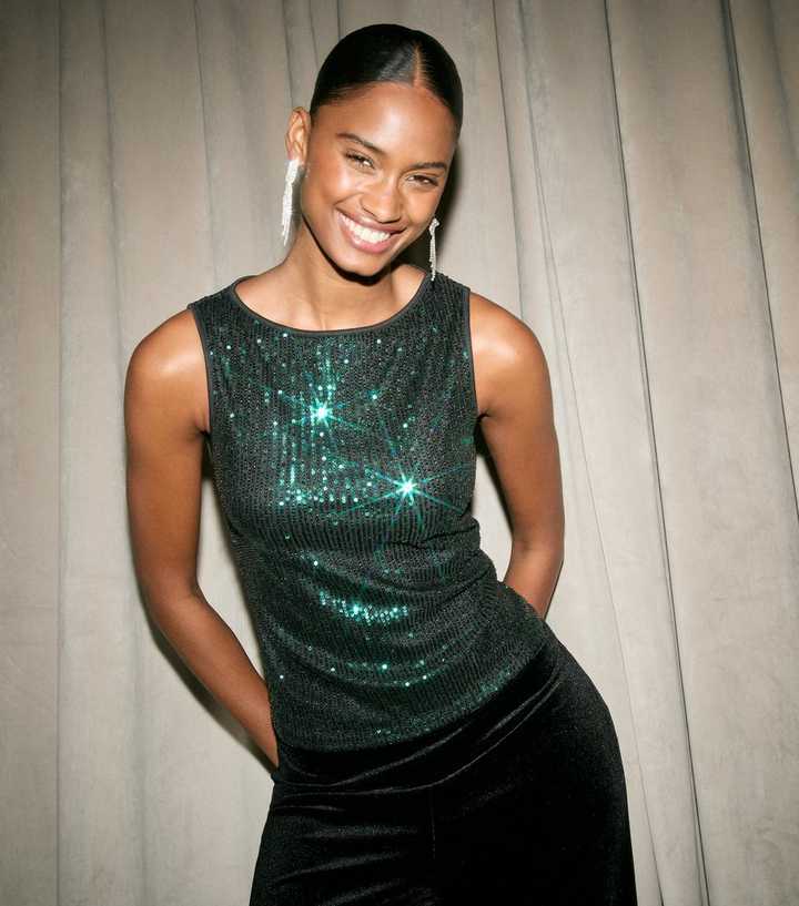 Dark Green Sequin Tank Top | New Look
