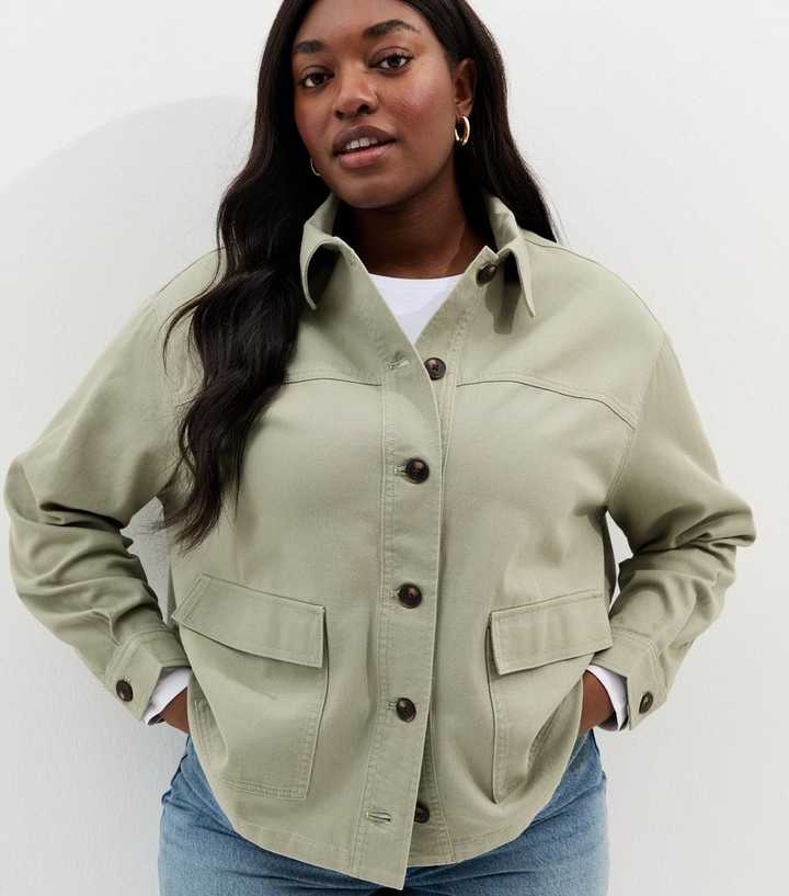 Curves Light Khaki Cotton Flap Pocket Shacket | New Look
