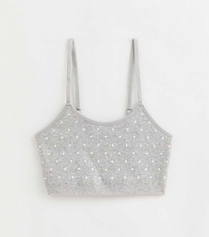 Girls Grey Heart Print Ribbed Seamless Bralette | New Look