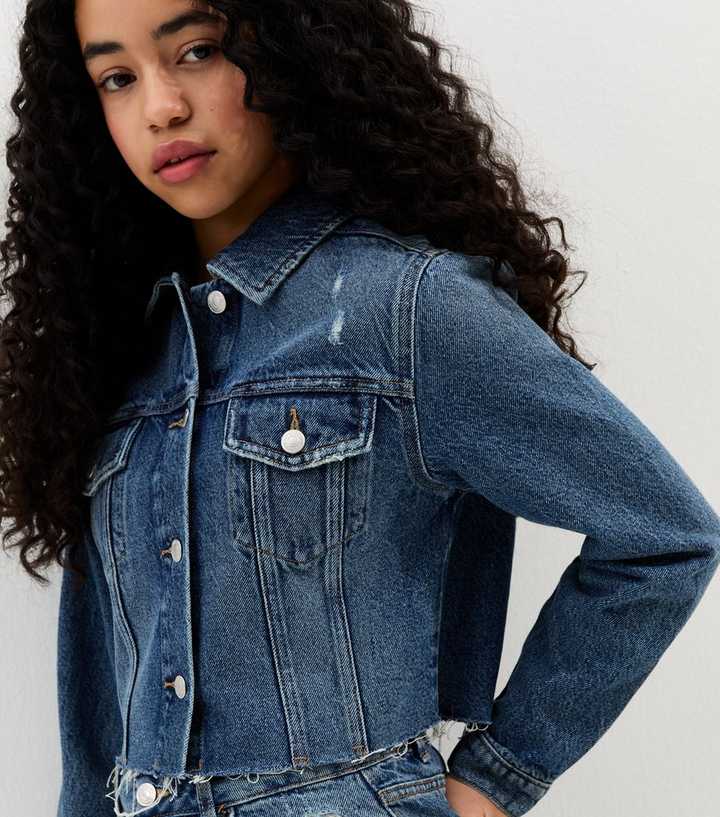 Girls Blue Distressed Cropped Denim Jacket | New Look