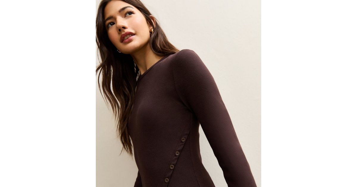 Brown Asymmetric Button Long Sleeve Top | New Look