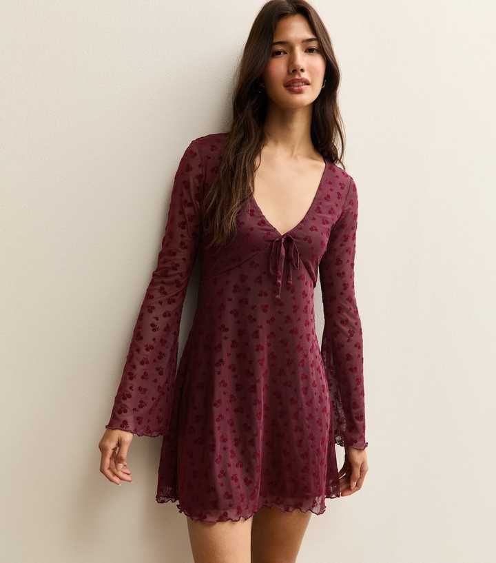 Dark Burgundy Flocked Mesh Flared Sleeve Mini Dress | New Look