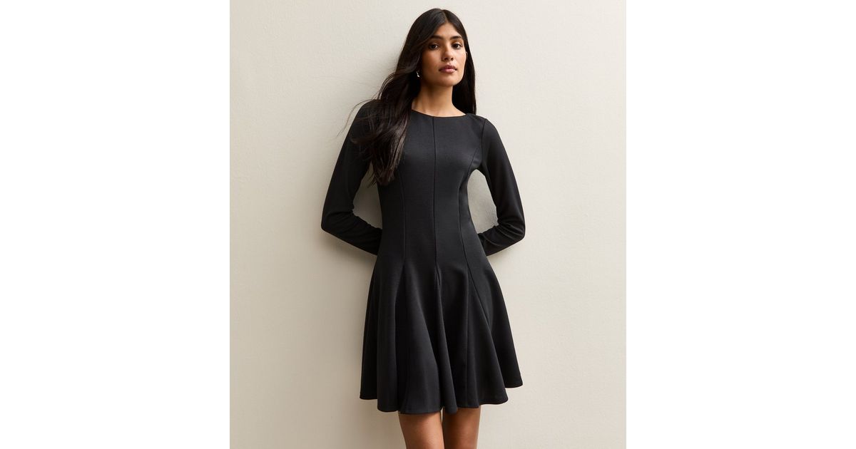 Black Slash Neck Long Sleeve Skater Dress | New Look