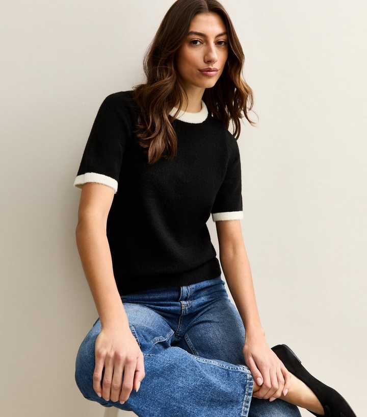 Tall Black Contrast Trims Midweight Knit Top | New Look