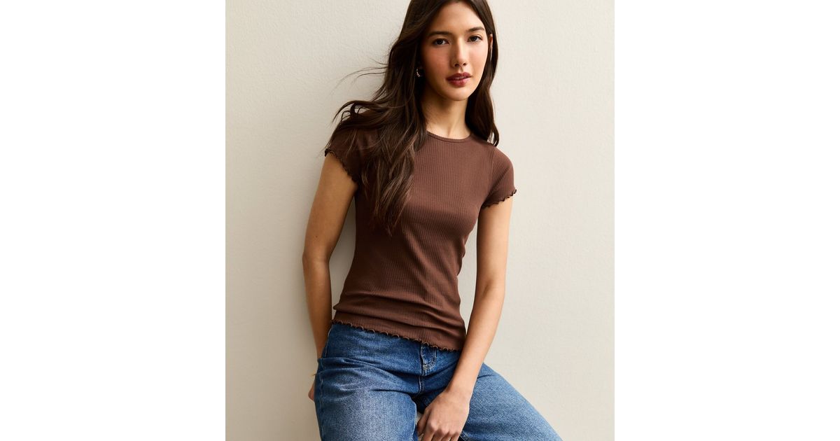 Dark Brown Short Sleeve Frilly Trimmed Top | New Look