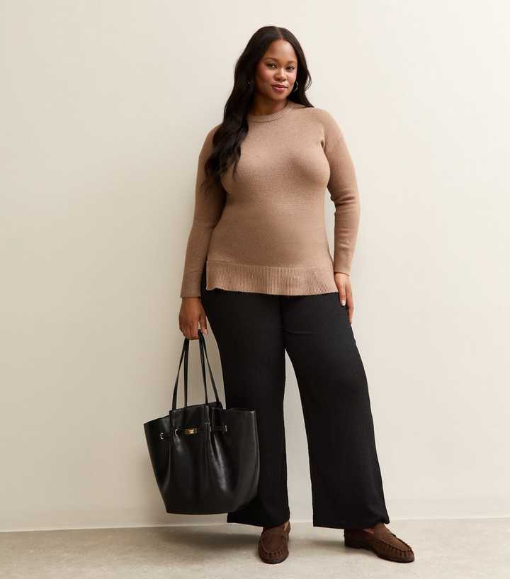 Curves Black Crinkled Wide Leg Trousers | New Look