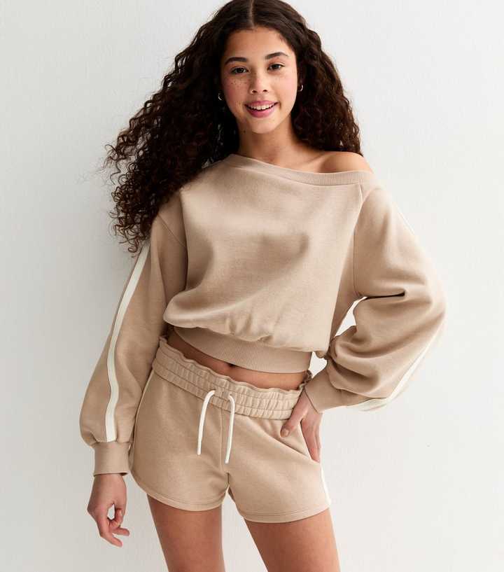 Girls Stone Off The Shoulder Side Stripe Sweatshirt | New Look