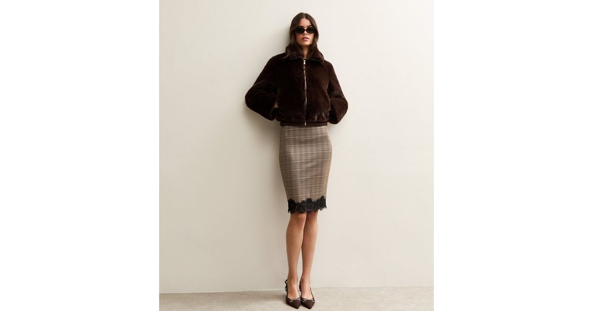 Brown Check Lace Hem Midi Skirt | New Look