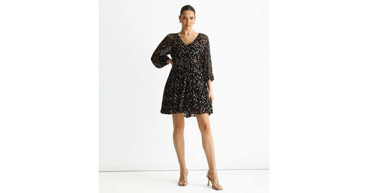 Gini London Black Chiffon Metallic Spot Mini Dress | New Look
