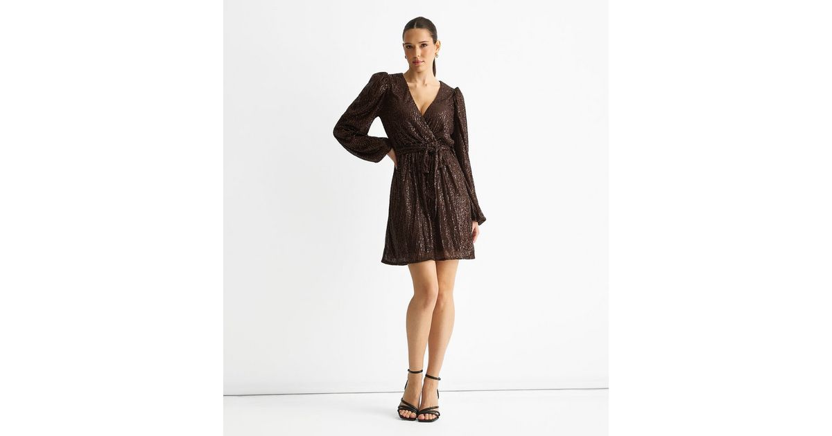 Gini London Mid Brown Sequin Wrap Mini Dress | New Look