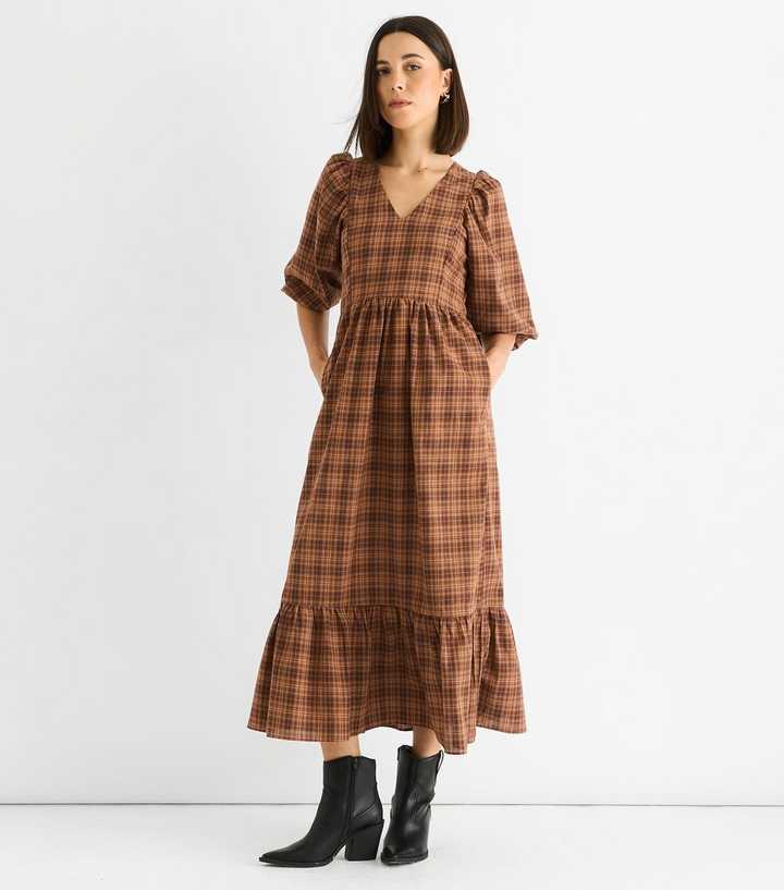 Gini London Brown Puff Sleeve Check Midi Dress | New Look