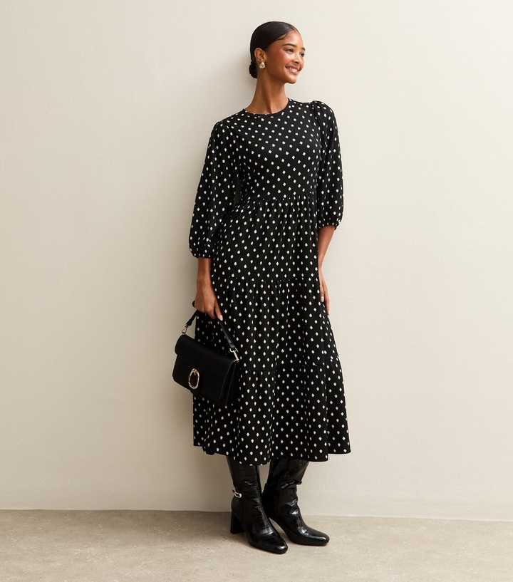 Black Spot Crinkled Tiered Midi Dress | New Look