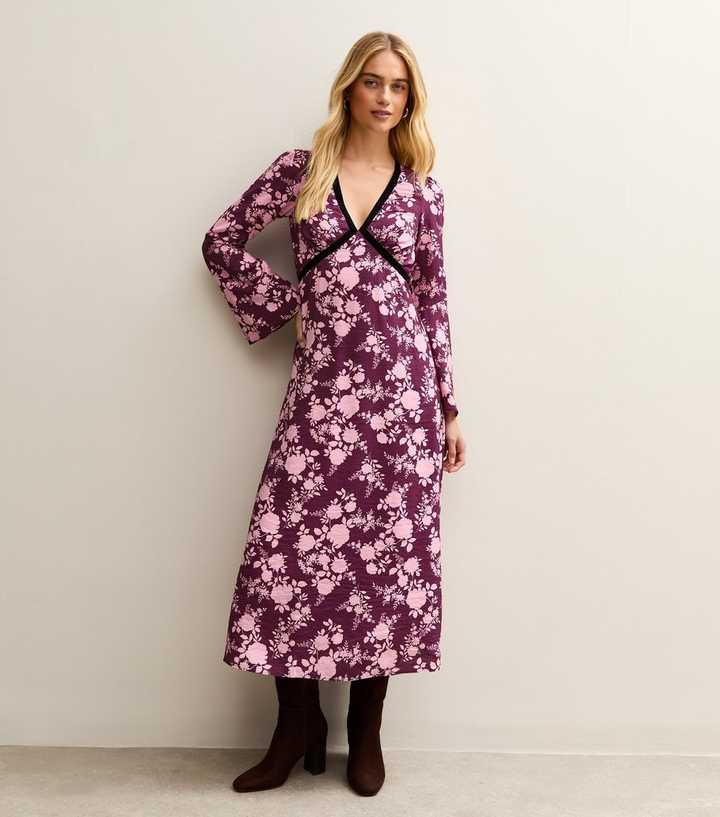 Pink Floral Velvet Devore V-Neck Midi Dress | New Look