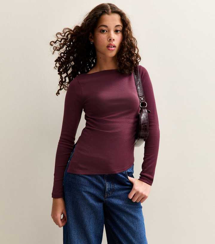 Girls Burgundy Slash Neck Asymmetric Top | New Look