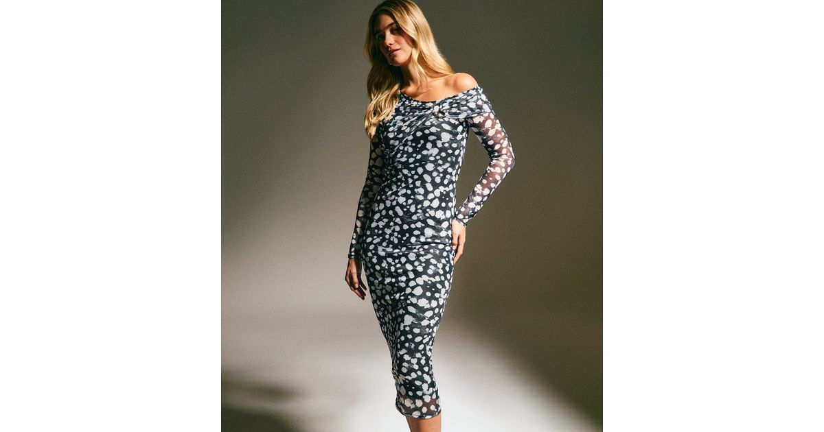 Black Spotty Print Off The Shoulder Midi Dress | New Look