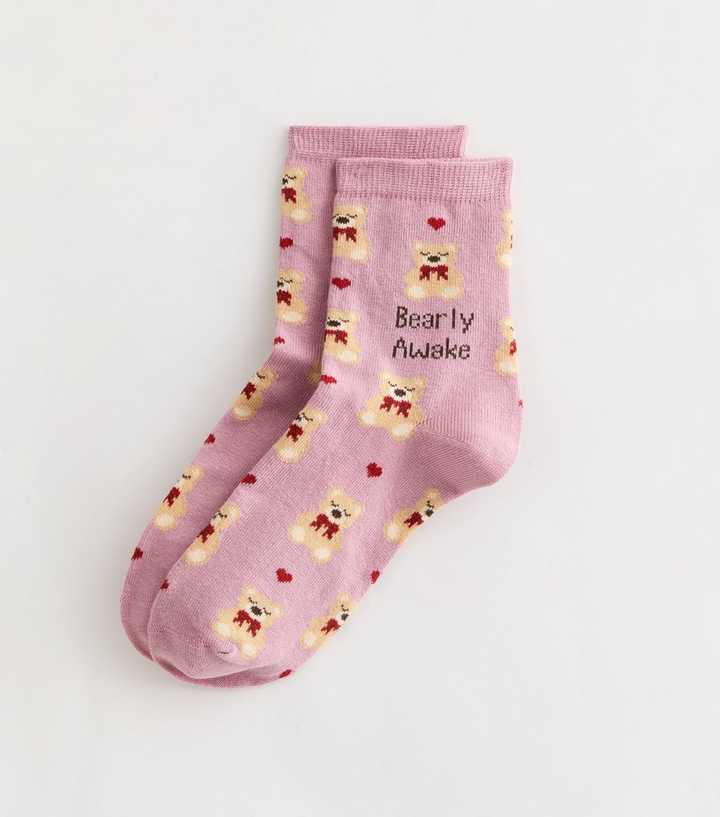 Pink Bearly Awake Teddy Bear Socks | New Look