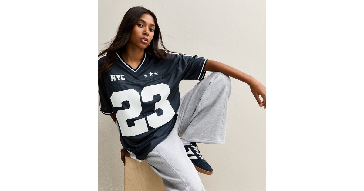 Navy Oversized V-Neck Football Top | New Look