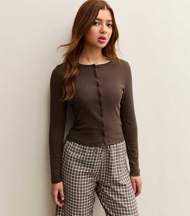 Girls Dark Brown Button Through Long Sleeve Top | New Look