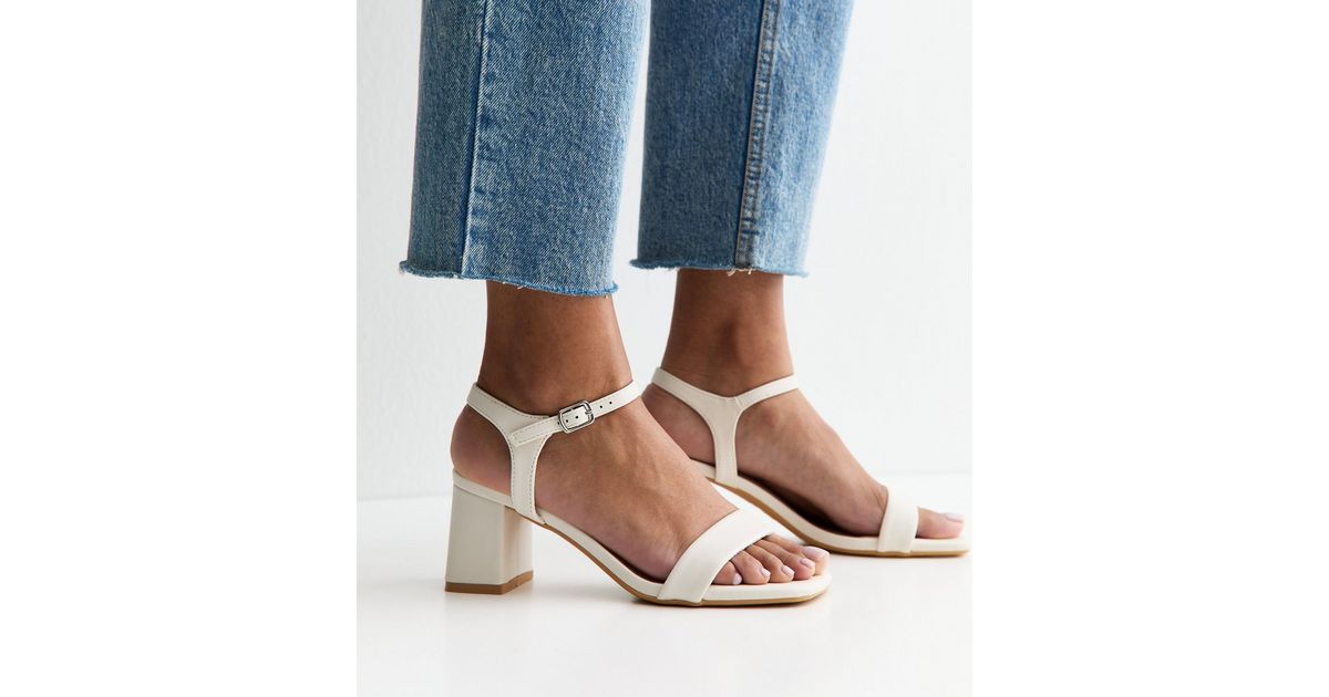 Off White Faux Leather Square Toe Block Heel Sandals | New Look