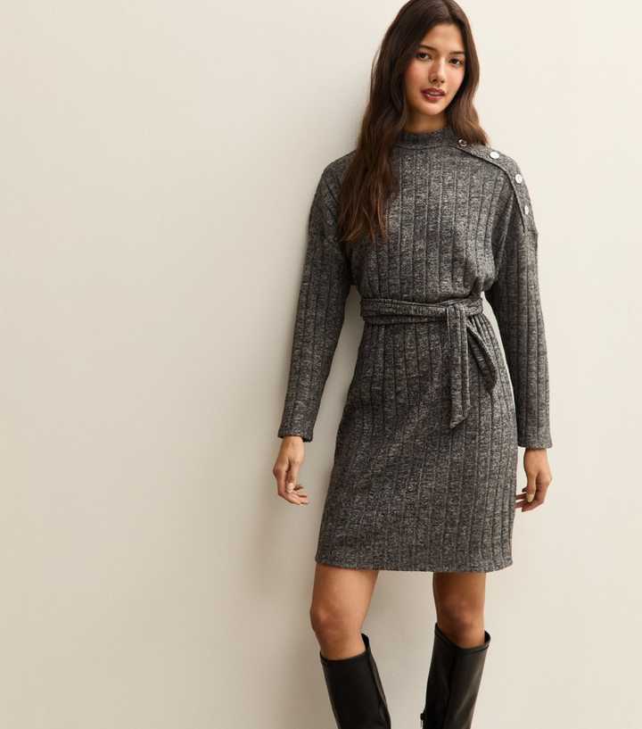 Dark Grey Rib Buttoned Shoulder Mini Dress | New Look