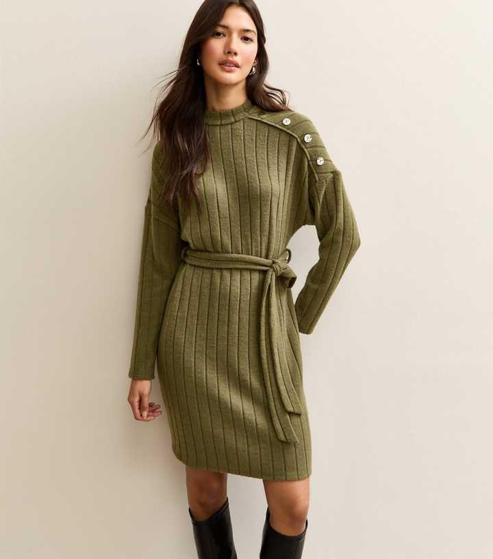 Dark Khaki Rib Buttoned Shoulder Mini Dress | New Look