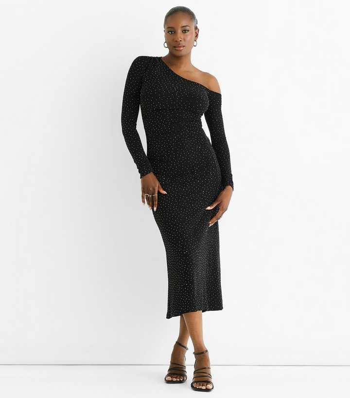 Gini London Black Shimmery Embellished Jersey Midi Dress | New Look
