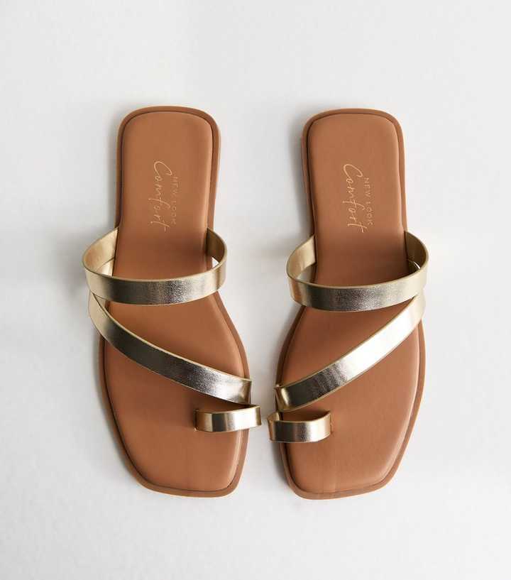 Gold Faux Leather Multi Strap Toe Post Sandals | New Look