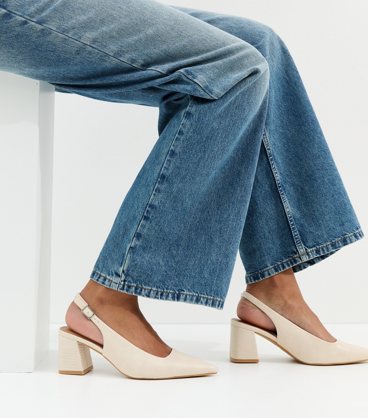 Women's Wide Fit Off White Block Lizard Effect Slingback Court Shoes ...