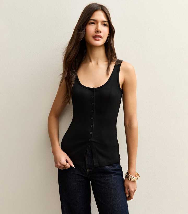 Black Ribbed Button Up Tank Top | New Look