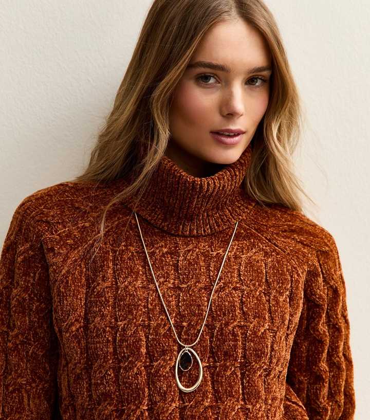 Gold Tone Long Oval Resin Pendant Necklace | New Look