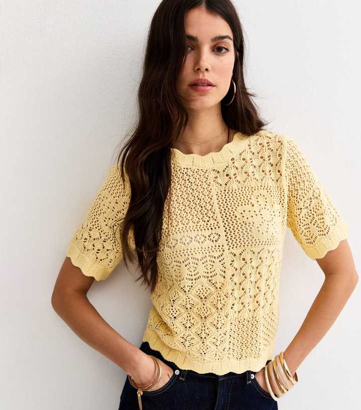 Light Yellow Cotton Rich Pointelle Patchwork Short Sleeve Top | New Look