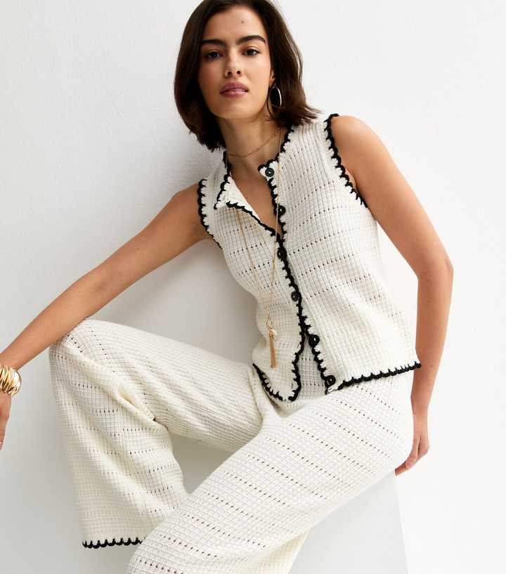 Cream Cotton Rich Blanket Stitch Wide Leg Trousers | New Look