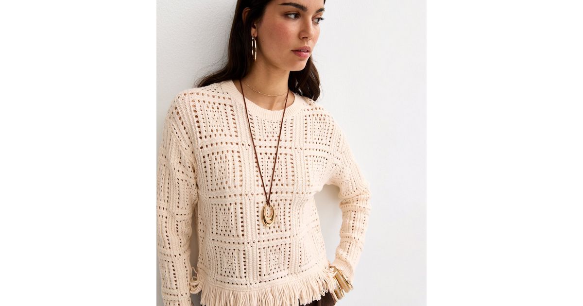 Oatmeal Cotton Rich Square Cut Out Fringed Jumper | New Look