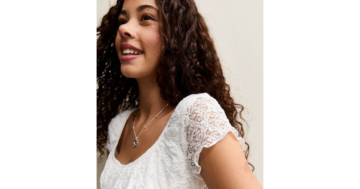 Girls White Lace Hanky Hem Cap Sleeve Top | New Look