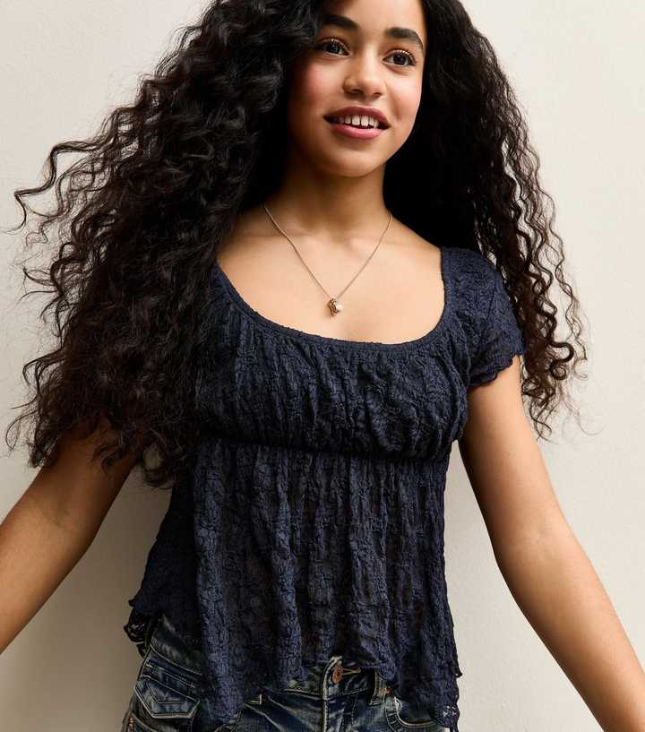 Girls Navy Lace Hanky Hem Cap Sleeve Top | New Look