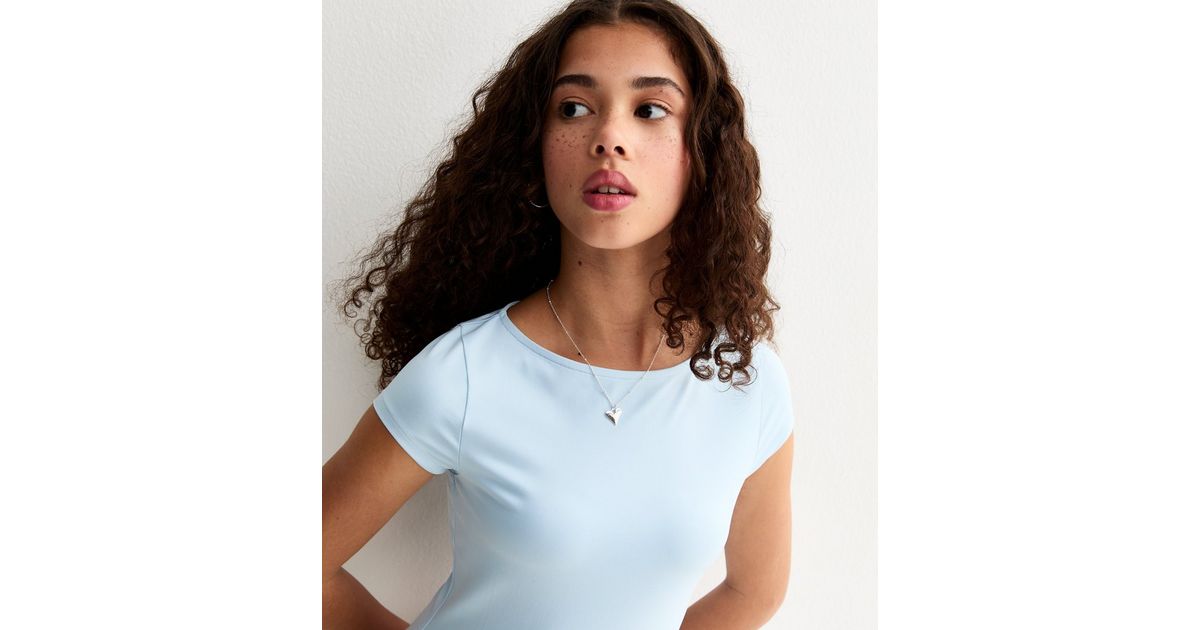 Girls Light Blue Slash Neck Slinky T-Shirt | New Look