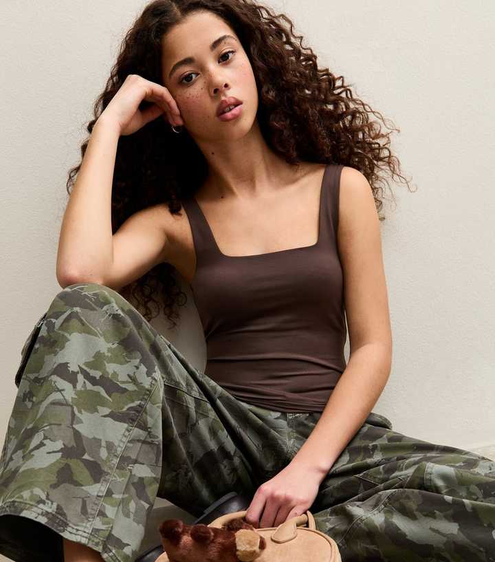 Girls Dark Brown Slinky Square Neck Vest Top | New Look