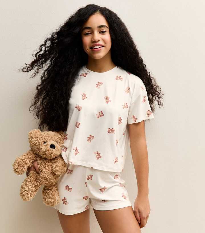 Girls White Teddy Bear Print T-Shirt and Shorts Pyjama Set | New Look