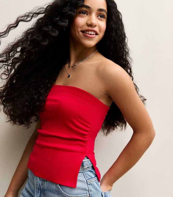 Girls Dark Red Ruched Side Bandeau Top | New Look