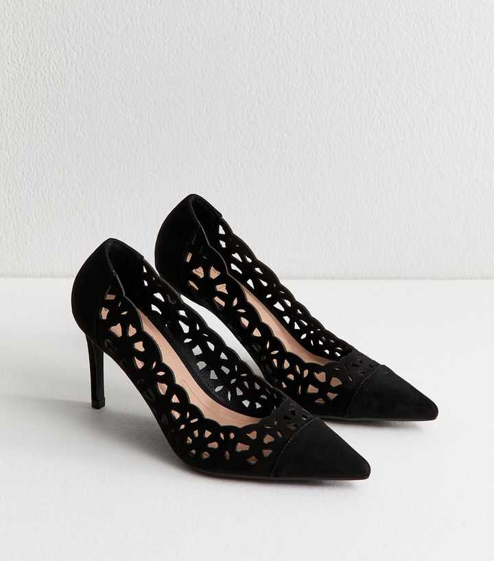 Black Laser Cut Stiletto Court Shoes | New Look