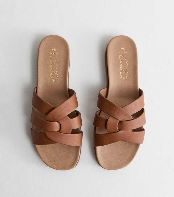 Wide Fit Tan Faux Leather Interwoven Straps Mule Sandals | New Look