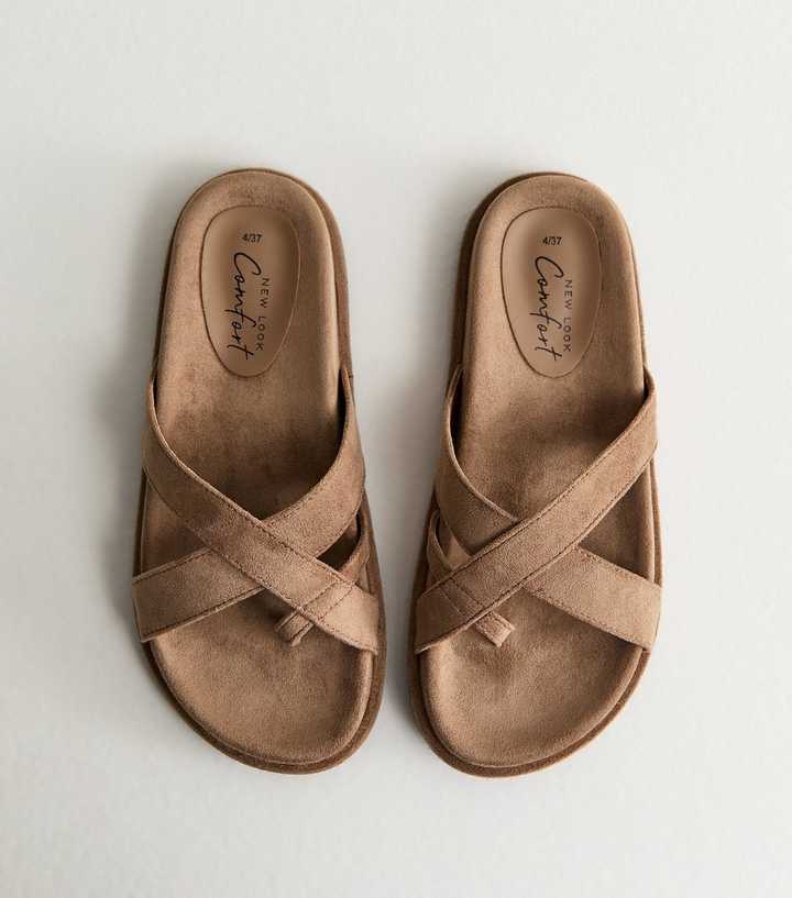 Light Brown Faux Suede Toe Loop Flat Sandals | New Look