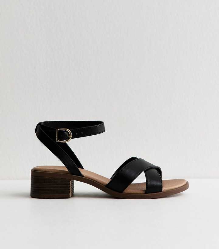Wide Fit Black Faux Leather Block Heel Sandals | New Look