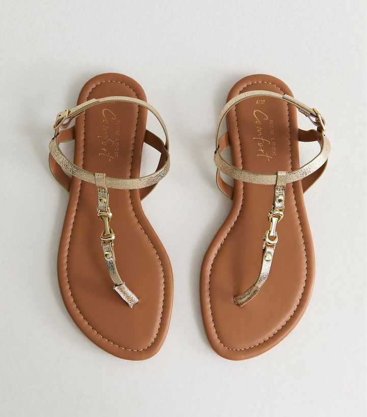 Gold Faux Leather Metal Toe Post Sandals | New Look