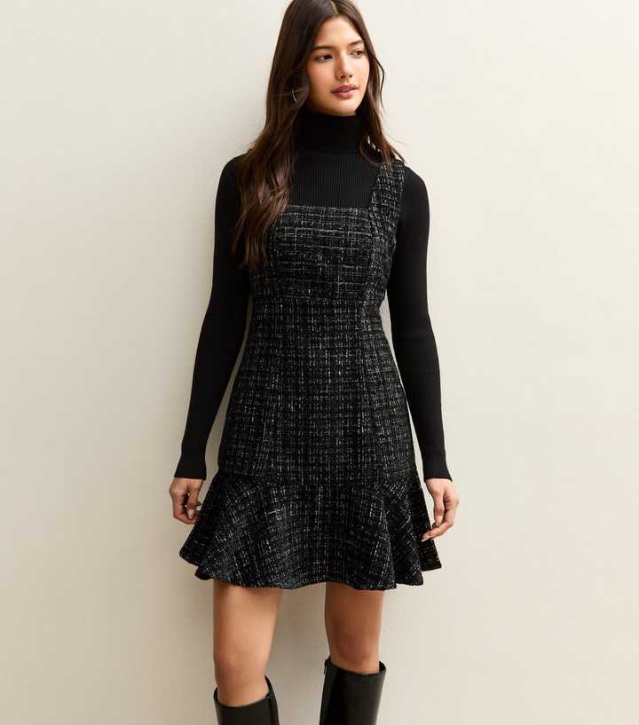 Black Square Neck Boucle Mini Dress | New Look