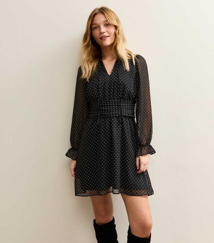 Black Polka Dot Waisted Chiffon Mini Dress | New Look